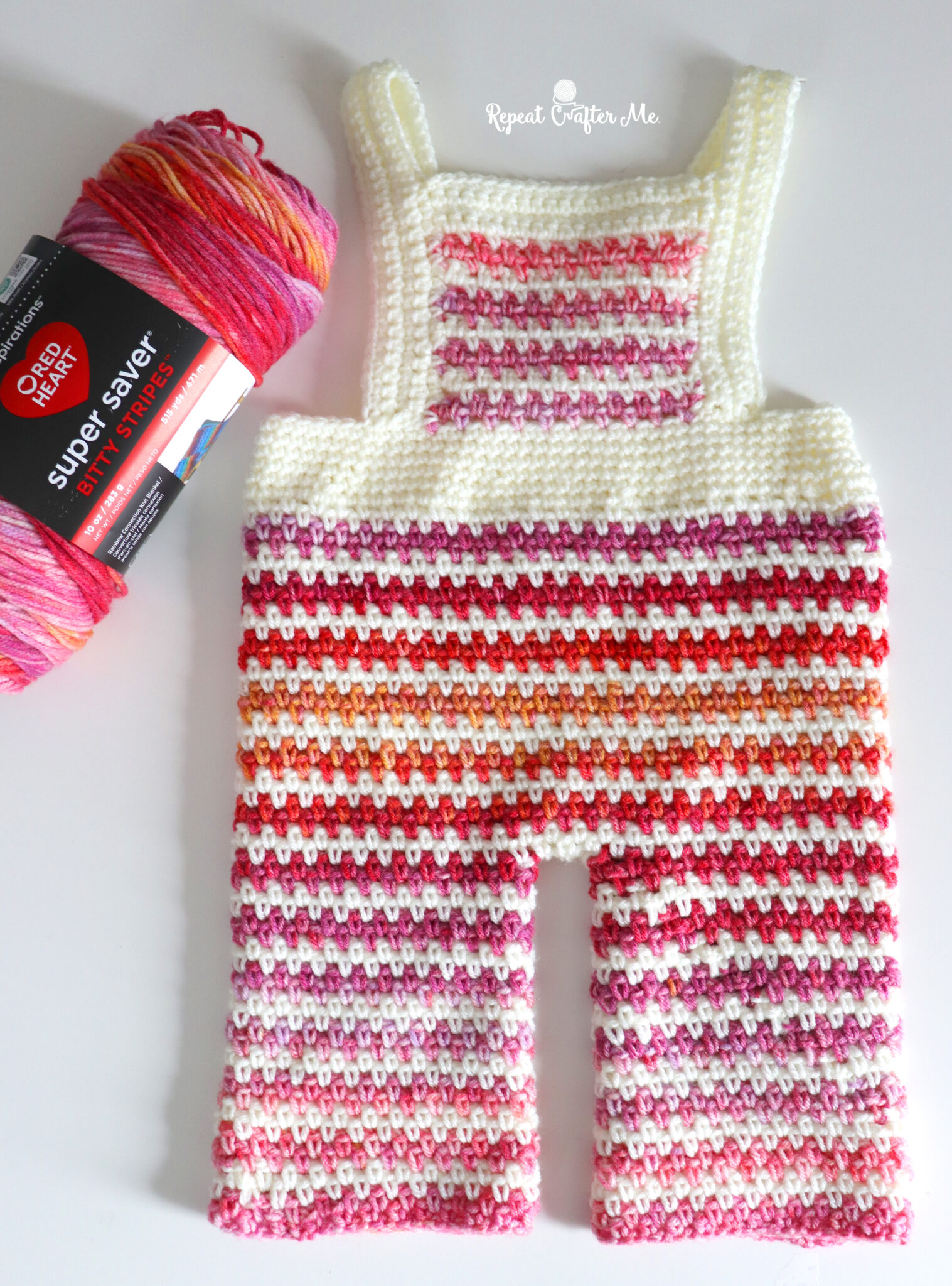 Red Heart Bitty Stripes Crochet Dungarees - Repeat Crafter Me