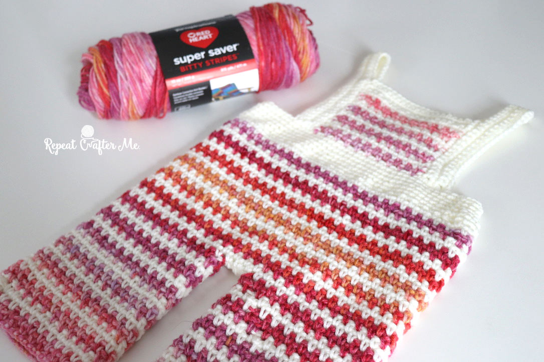 Red Heart Bitty Stripes Crochet Dungarees - Repeat Crafter Me
